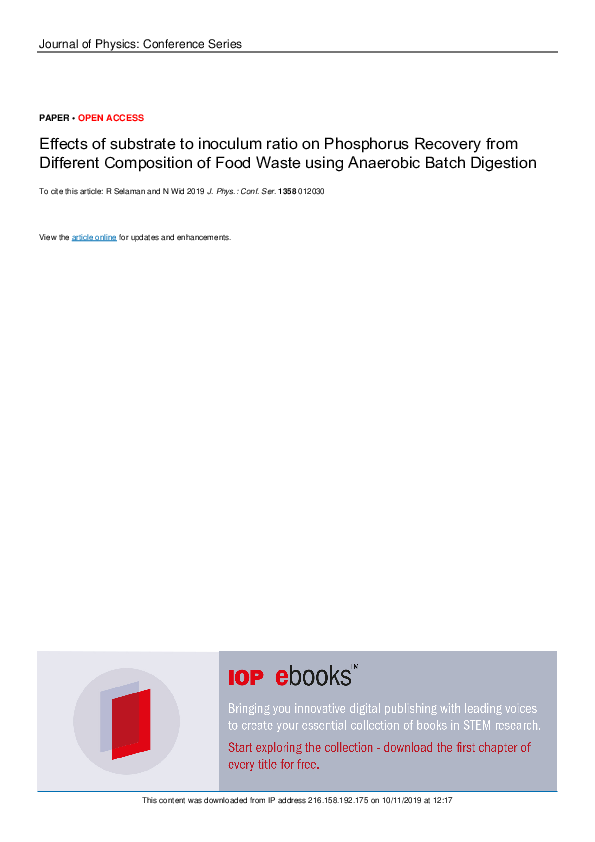 (PDF) Effects of substrate to inoculum ratio on Phosphorus Recovery ...