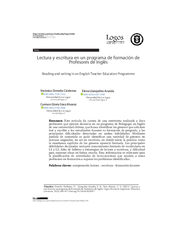(PDF) Lectura y escritura en un programa de formación de Profesores de Inglés