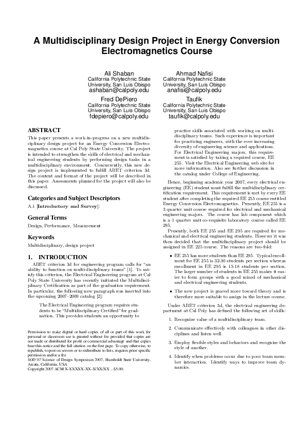 (PDF) A multidisciplinary design project in energy conversion electromagnetics course | Fred ...