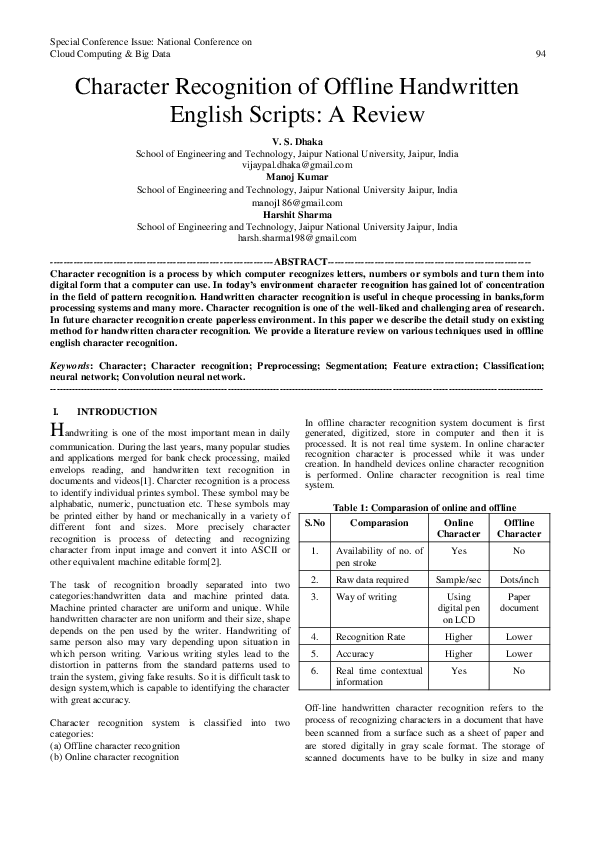 (PDF) Character Recognition of Offline Handwritten English Scripts: A Review | Harshit Rai ...