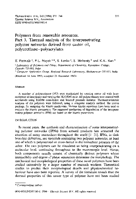 (PDF) Polymers from renewable resources. Part 3. Thermal analysis of ...