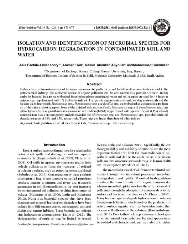 (PDF) Isolation and Identification of Microbial Species for Hydrocarbon Degradation in ...