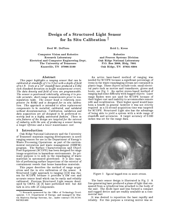 Pdf Design Of A Structured Light Sensor For In Situ Calibration