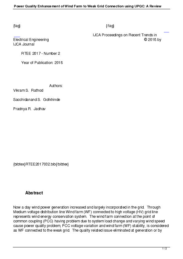 Pdf Power Quality Enhancement Of Wind Farm To Weak Grid Connection