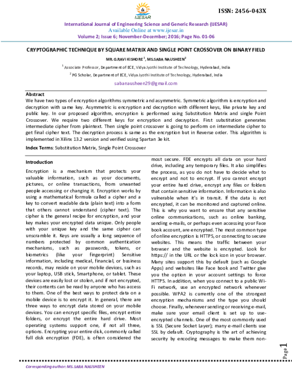 Pdf Cryptographic Technique By Square Matrix And Single Point Crossover On Binary Field