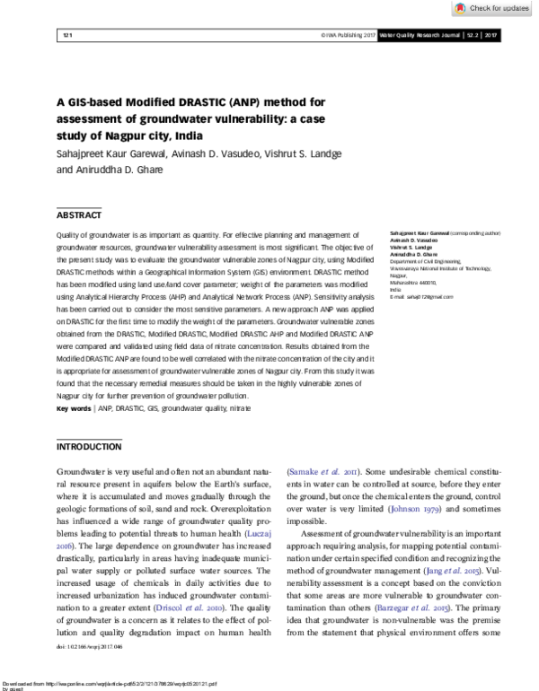 Pdf A Gis Based Modified Drastic Anp Method For Assessment Of Groundwater Vulnerability A