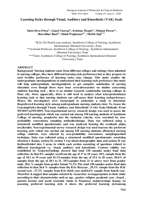 (PDF) Learning Styles through Visual, Auditory and Kinesthetic (VAK) Scale