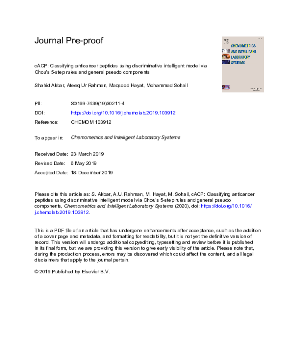 (PDF) cACP: Classifying anticancer peptides using discriminative intelligent model via Chou’s 5 ...