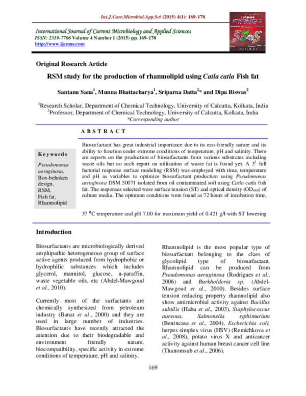 (PDF) RSM study for the production of rhamnolipid using Catla catla ...