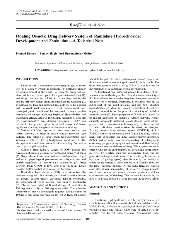 Pdf Floating Osmotic Drug Delivery System Of Ranitidine Hydrochloride Development And