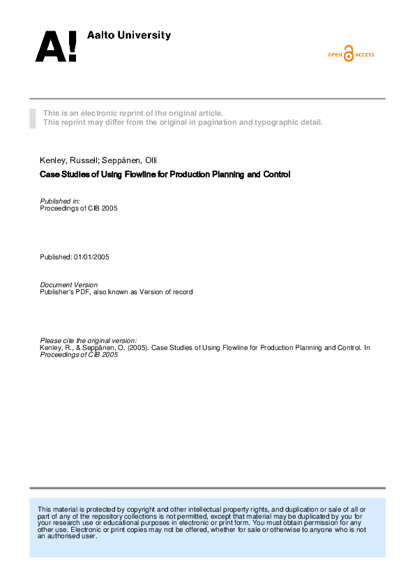 (PDF) Kenley , Russell ; Seppänen , Olli Case Studies of Using Flowline ...