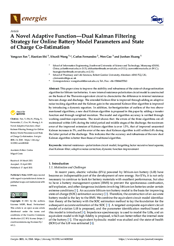 (PDF) A Novel Adaptive Function—Dual Kalman Filtering Strategy for Online Battery Model ...