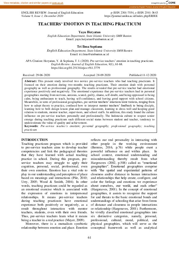(PDF) Pre-service teachers' emotion in teaching practicum