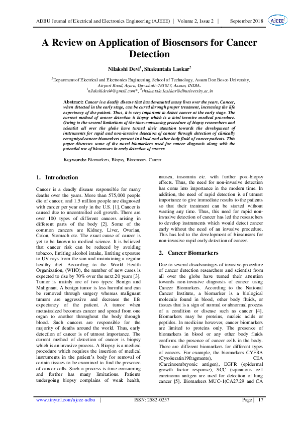 (PDF) A Review on Application of Biosensors for Cancer Detection