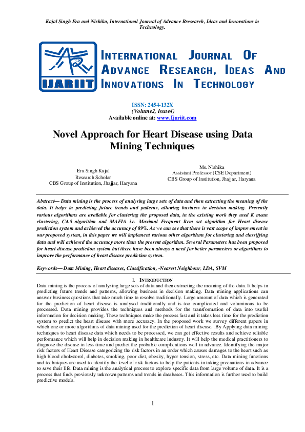 Pdf Novel Approach For Heart Disease Using Data Mining Techniques