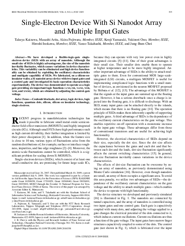 Pdf Single Electron Device With Si Nanodot Array And Multiple Input