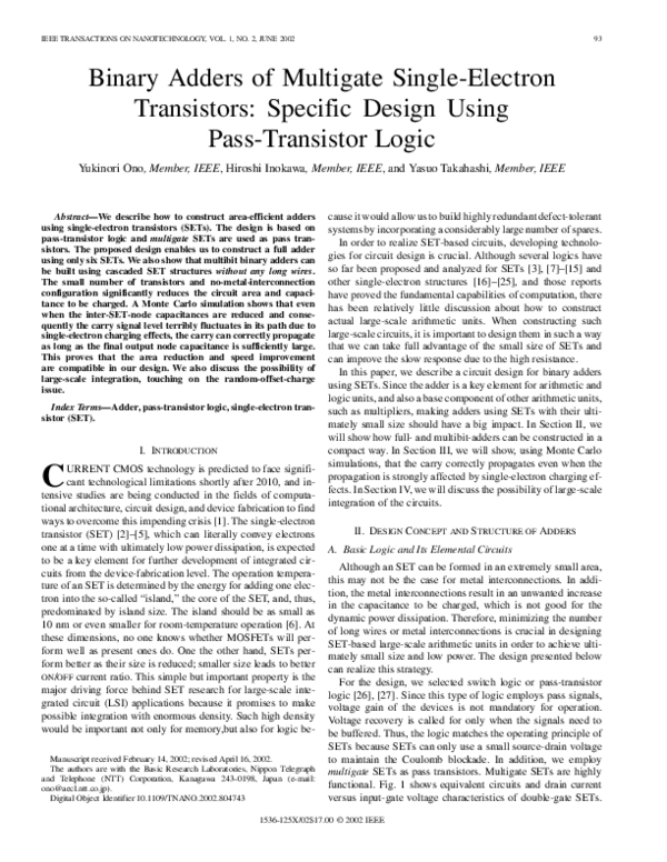 Pdf Binary Adders Of Multigate Single Electron Transistors Specific