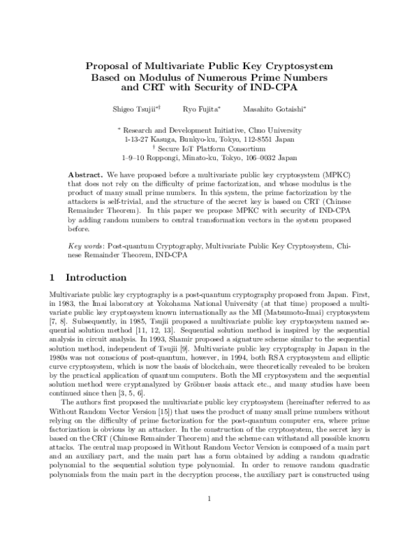 Pdf Proposal Of Multivariate Public Key Cryptosystem Based On Modulus Of Numerous Prime 5930