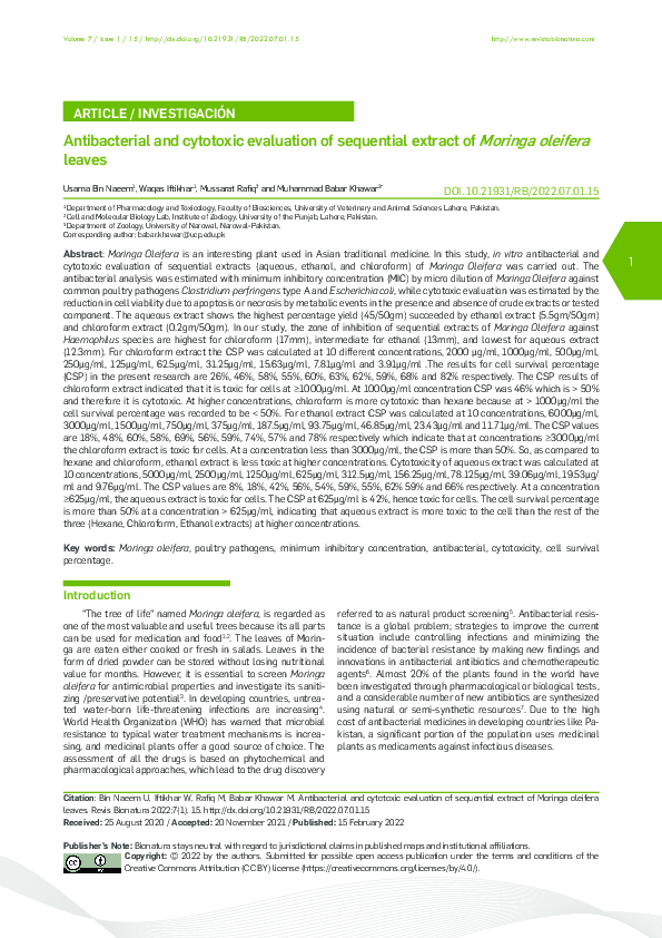 (PDF) Antibacterial and cytotoxic evaluation of sequential extract of Moringa oleifera leaves