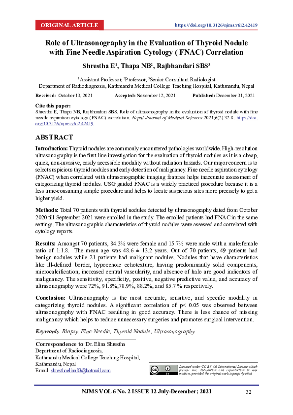Pdf Role Of Ultrasonography In The Evaluation Of Thyroid Nodule With Fine Needle Aspiration