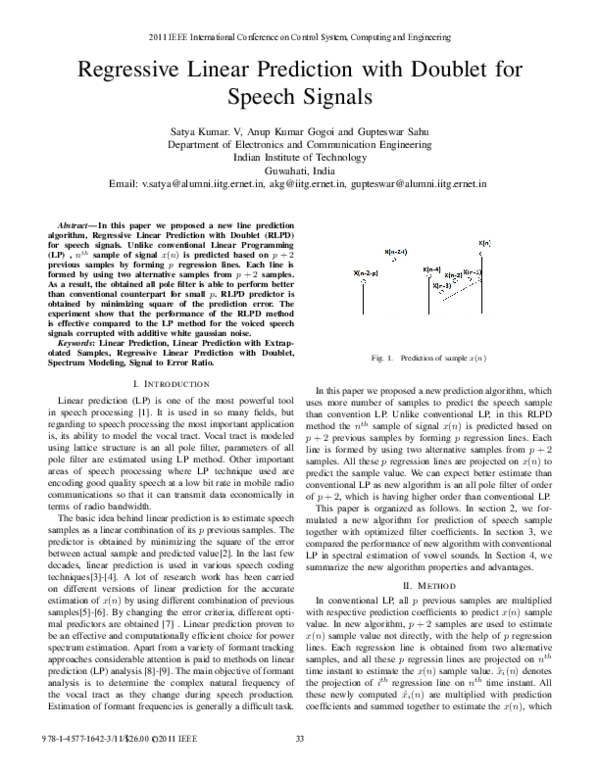 Pdf Regressive Linear Prediction With Doublet For Speech Signals 