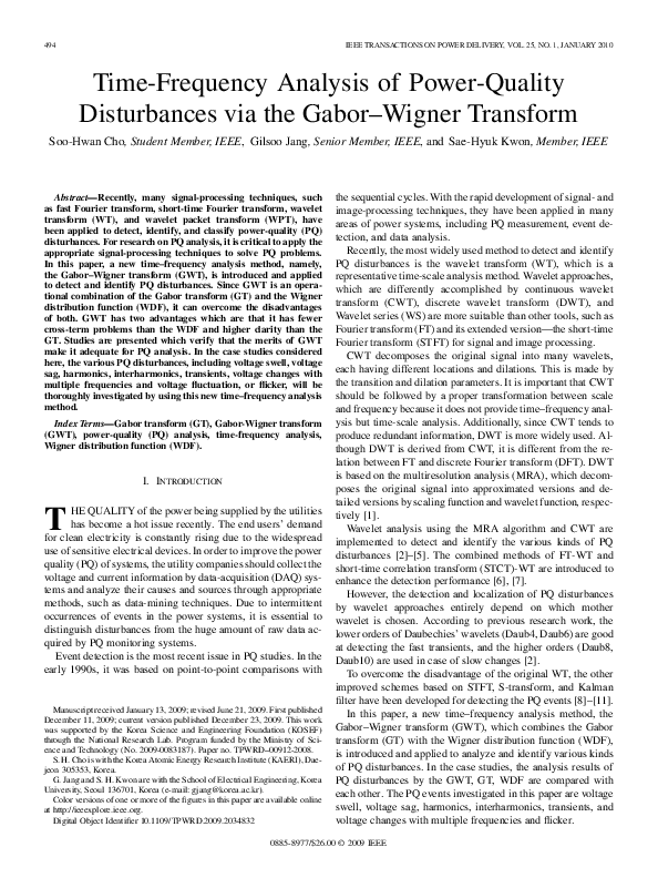 Pdf Time Frequency Analysis Of Power Quality Disturbances Via The Gabor Wigner Transform