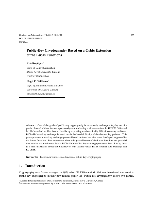 Pdf Public Key Cryptography Based On A Cubic Extension Of The Lucas