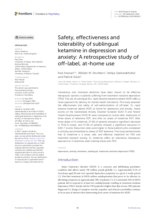 (PDF) Safety, e ectiveness and tolerability of sublingual ketamine in ...