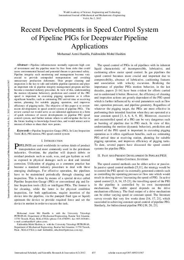 (PDF) Recent Developments In Speed Control System Of Pipeline Pigs For ...