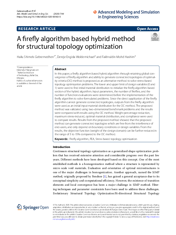 Pdf A Firefly Algorithm Based Hybrid Method For Structural Topology Optimization Fakhruldin
