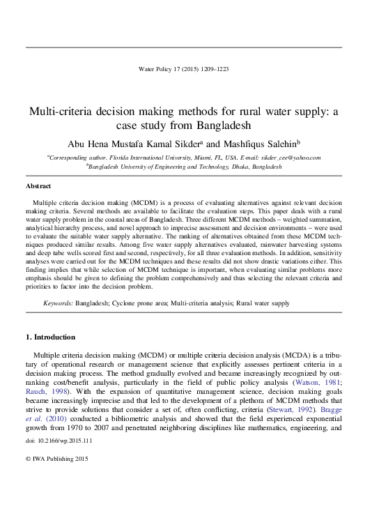 (PDF) Multi-criteria decision making methods for rural water supply: a case study from Bangladesh