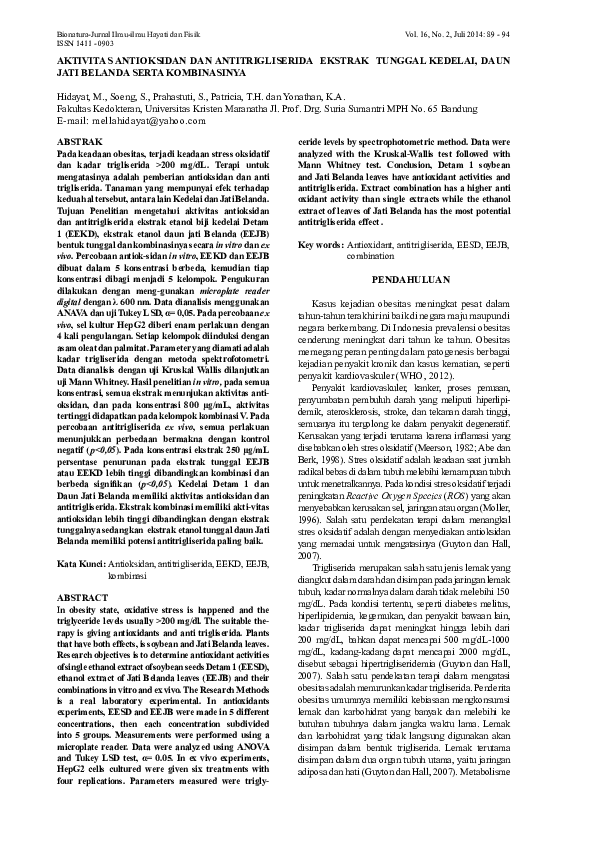 (PDF) Aktivitas Antioksidan Dan Antitrigliserida Ekstrak Tunggal ...