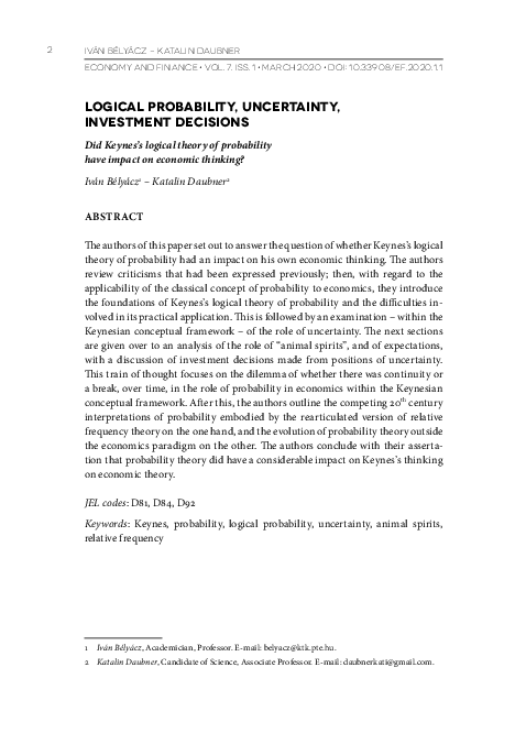 (PDF) Logical probability, uncertainty, investment decisions - Did Keynes’s logical theory of ...