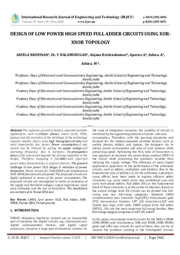 (PDF) Design of Low Power High Speed Full Adder Circuits Using Xor | Anjana Krishnakumar ...