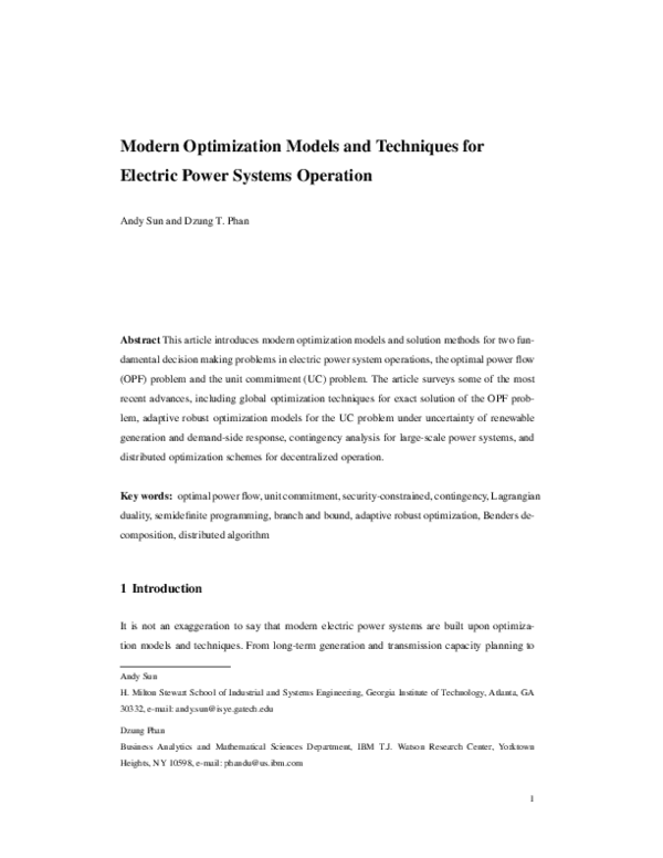 Pdf Modern Optimization Models And Techniques For Electric Power Systems Operation
