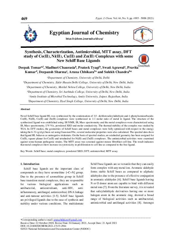 (PDF) Synthesis, Characterization, Antimicrobial, MTT assay, DFT study of Co(II), Ni(II), Cu(II ...