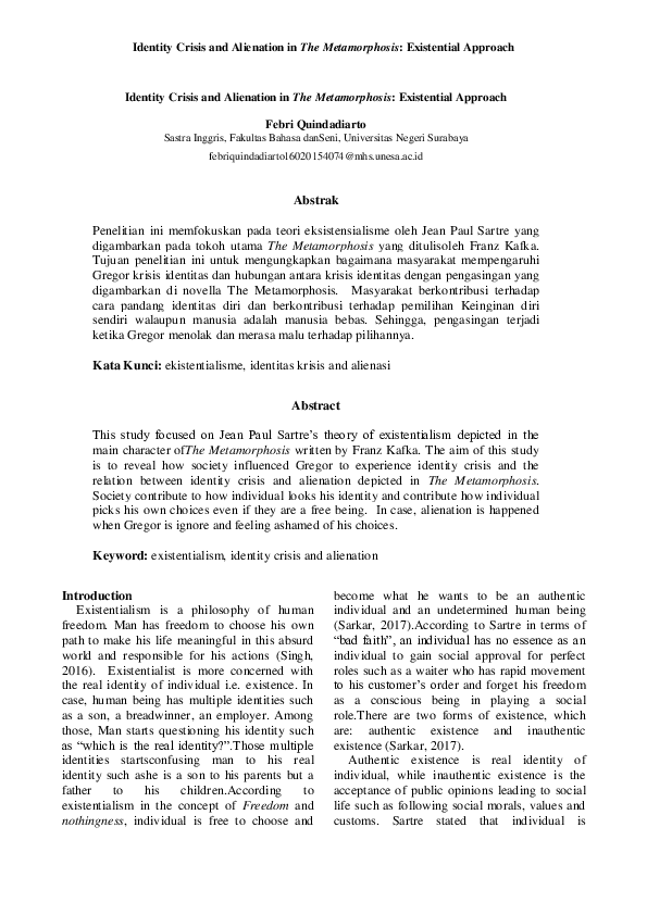 (PDF) Identity Crisis and Alienation in The Metamorphosis: Existential Approach