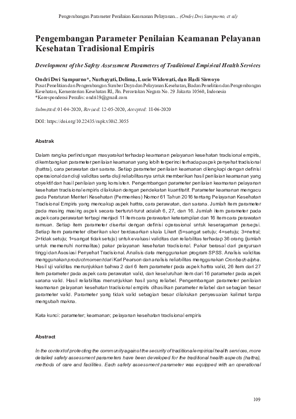 (PDF) Pengembangan Parameter Penilaian Keamanan Pelayanan Kesehatan Tradisional Empiris