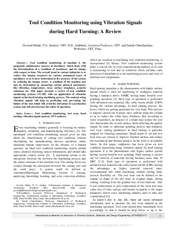 (PDF) Tool Condition Monitoring Using Vibration Signals During Hard Turning: A Review