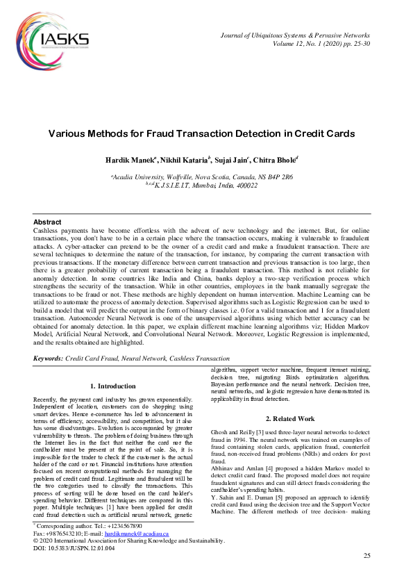 Pdf Various Methods For Fraud Transaction Detection In Credit Cards