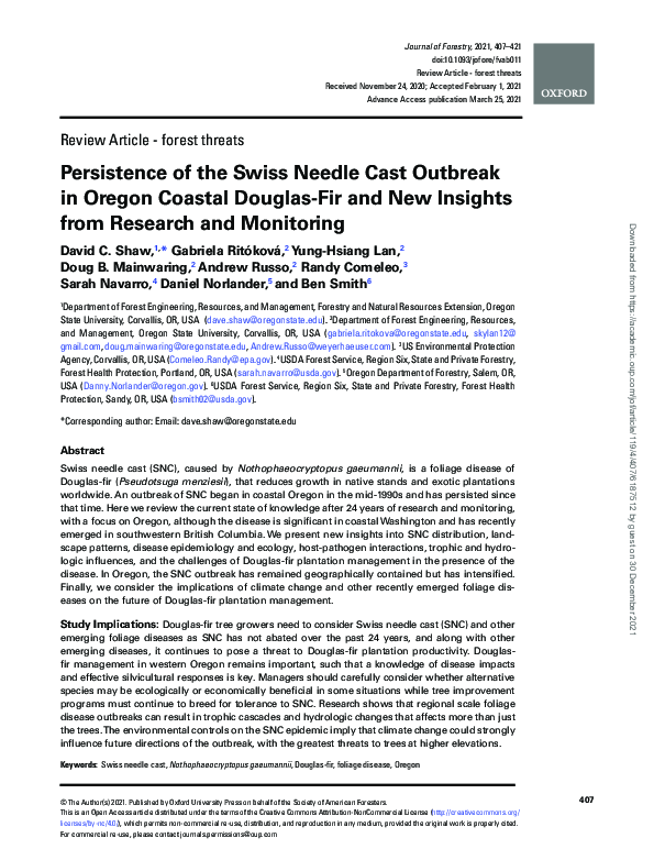 (PDF) Persistence of the Swiss Needle Cast Outbreak in Oregon Coastal ...