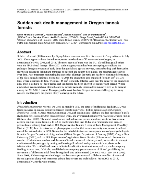 (PDF) Sudden oak death management in Oregon tanoak forests | Sarah ...