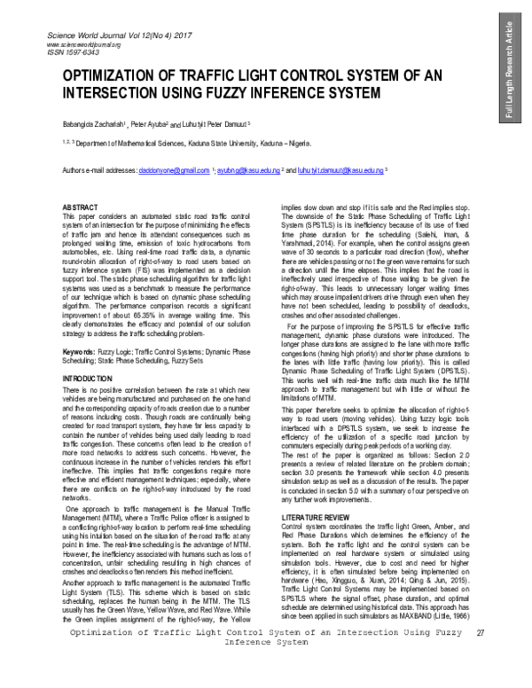 Pdf Optimization Of Traffic Light Control System Of An Intersection Using Fuzzy Inference System