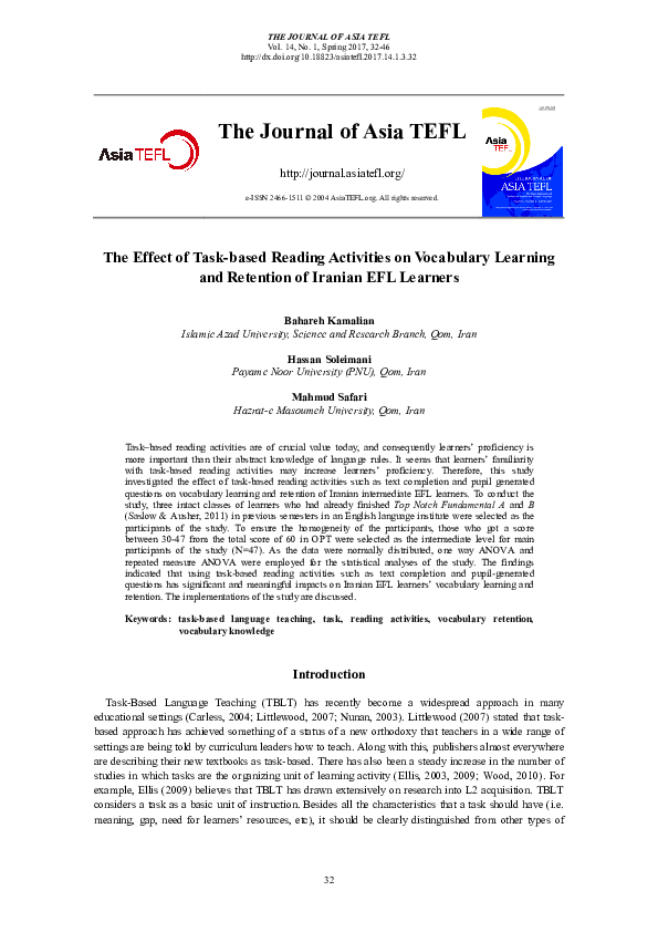 (PDF) The Effect of Task-based Reading Activities on Vocabulary Learning and Retention of ...
