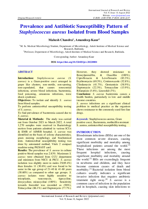 Pdf S Aureus Bacteremia Prevalence And Resistance