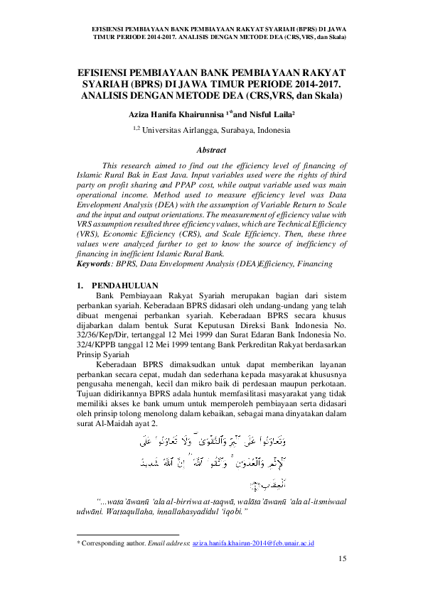 (PDF) EFISIENSI PEMBIAYAAN BANK PEMBIAYAAN RAKYAT SYARIAH (BPRS) DI ...