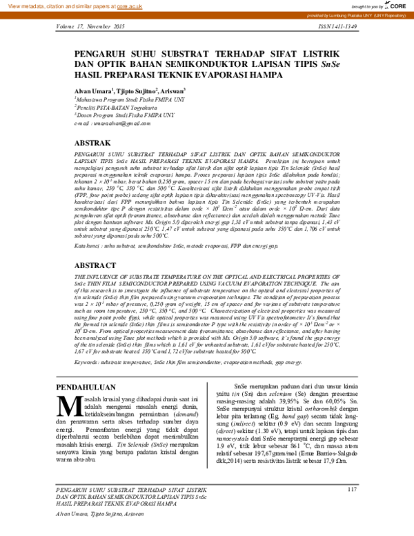 Pdf Pengaruh Suhu Substrat Terhadap Sifat Listrik Dan Optik Bahan