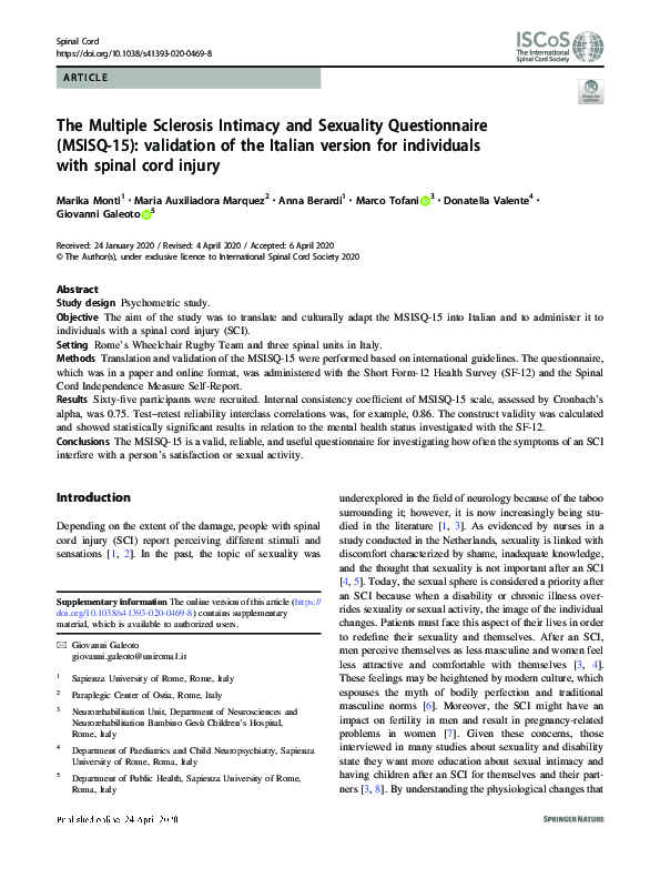 (PDF) The Multiple Sclerosis Intimacy and Sexuality Questionnaire‐19: Reliability, Validity, and ...