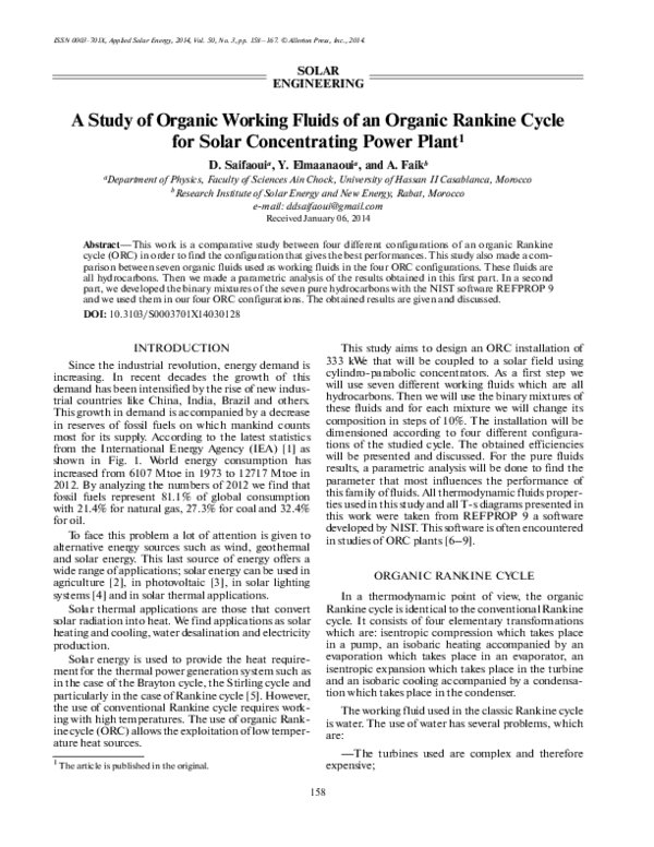 (PDF) A study of organic working fluids of an organic Rankine cycle for solar concentrating ...