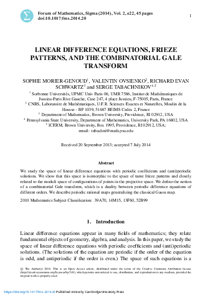 Pdf Linear Difference Equations Frieze Patterns And The Combinatorial Gale Transform